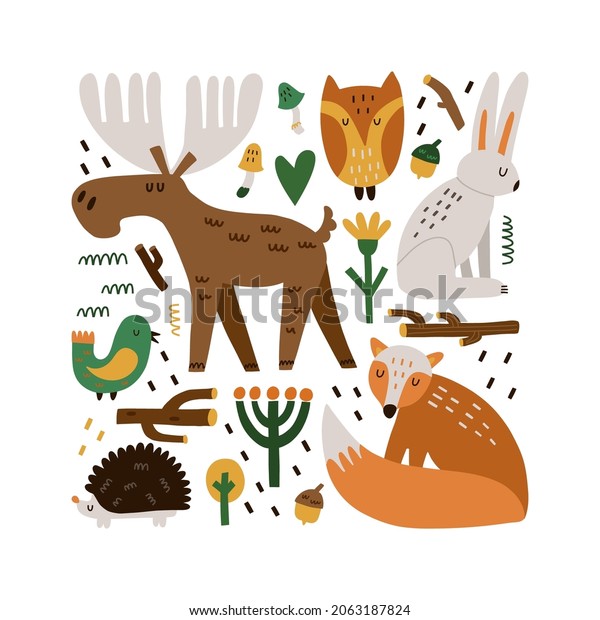 Forest Animals Hand Drawn Cartoon Scandinavian Stock Vector (Royalty ...