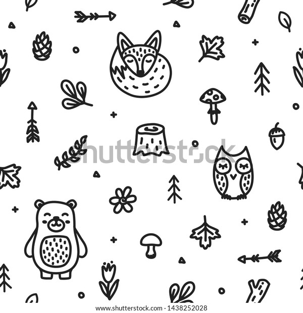 Forest Doodle Cute Animals Seamless Pattern Stock Vector (Royalty Free ...