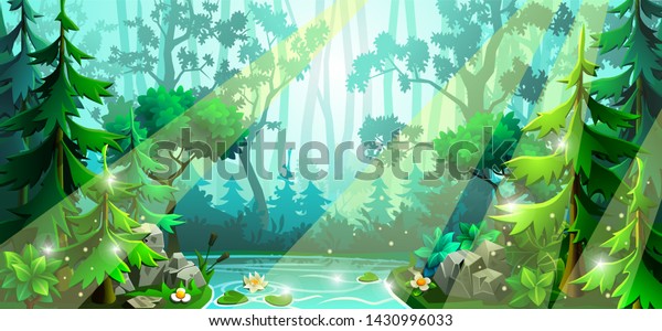 Forest scene with deciduous trees, firs and lake. Panorama of cartoon ...