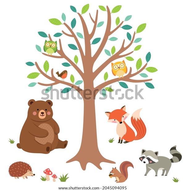 Forest Woodland Animals Tree Vector Illustration Stock Vector (Royalty ...
