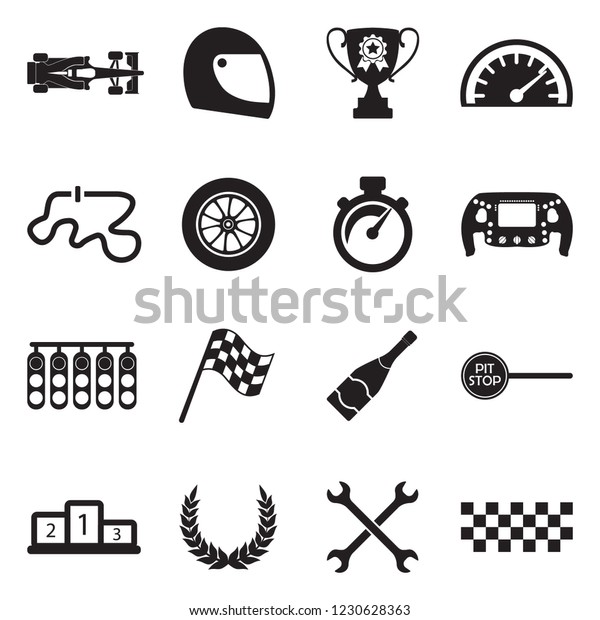 Formula 1 Icons. Black Flat Design. Vector Illustration.