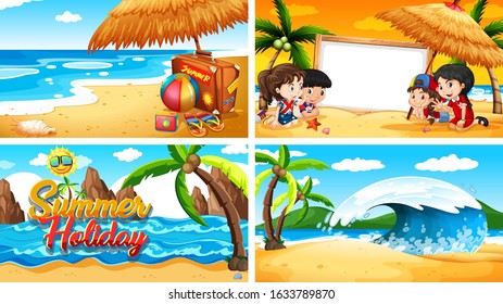Four Background Scenes Kids On Beach Stock Vector (Royalty Free ...
