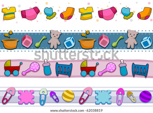 Four Border Designs Featuring Baby Things - Vector