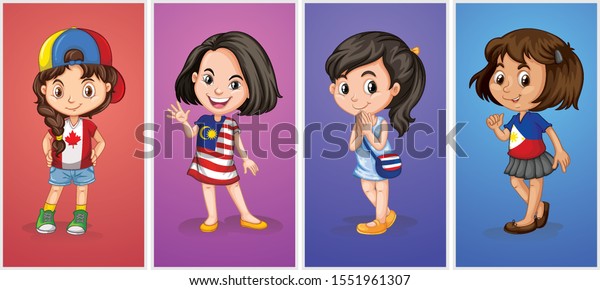 Four Girls On Different Backgrounds Illustration Stock Vector (Royalty ...