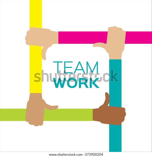 Four hands together team work. Hands of different colors, cultural and ...