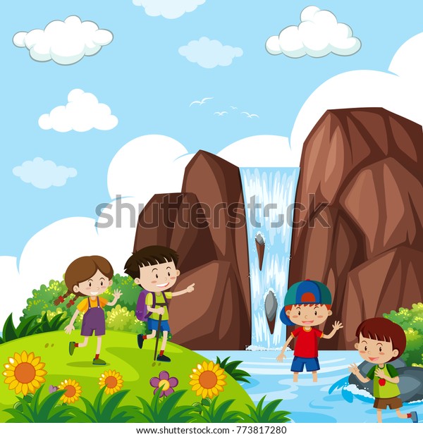 Four Kids By Waterfall Illustration Stock Vector (Royalty Free ...