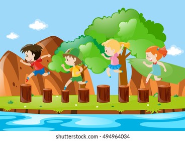 Four Kids Jumping On Logs Illustration Stock Vector (Royalty Free ...