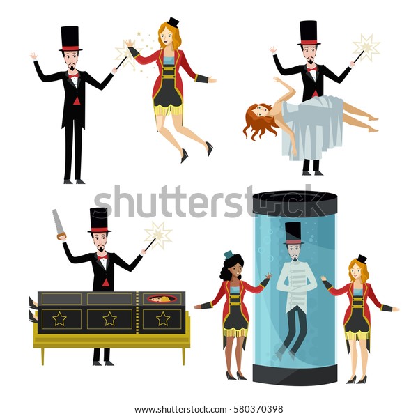 Four Magic Acts Scenes Magician Tricks Stock Vector (Royalty Free ...