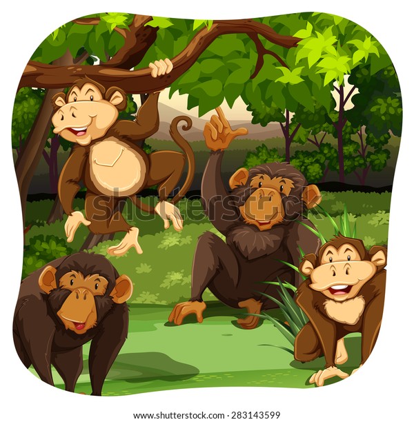 Four Monkeys Sitting On Grass Forest Stock Vector (Royalty Free ...