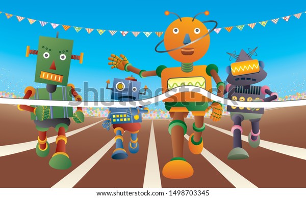 Four Robots Run Running Track Stock Vector (Royalty Free) 1498703345