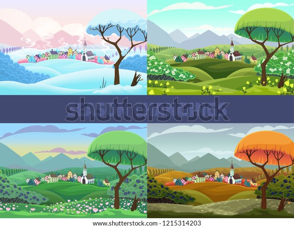 Four seasons of village view: spring, summer autumn and winter. Vector ...