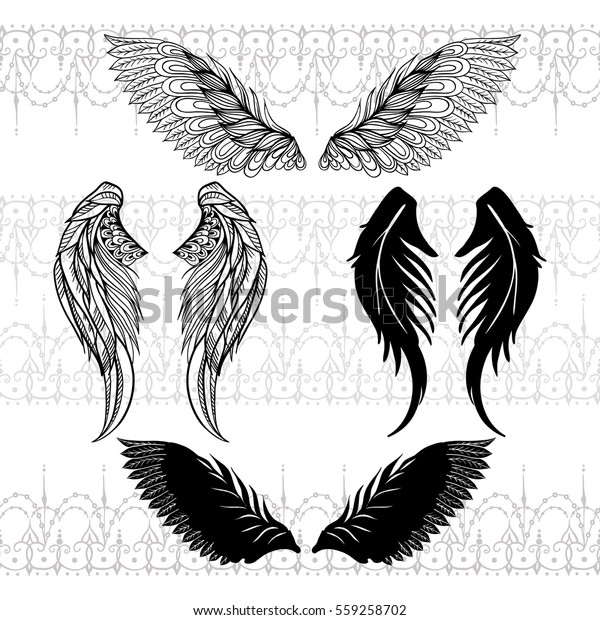 Four Sketches Wings Spread Wings Folded Stock Vector (Royalty Free ...