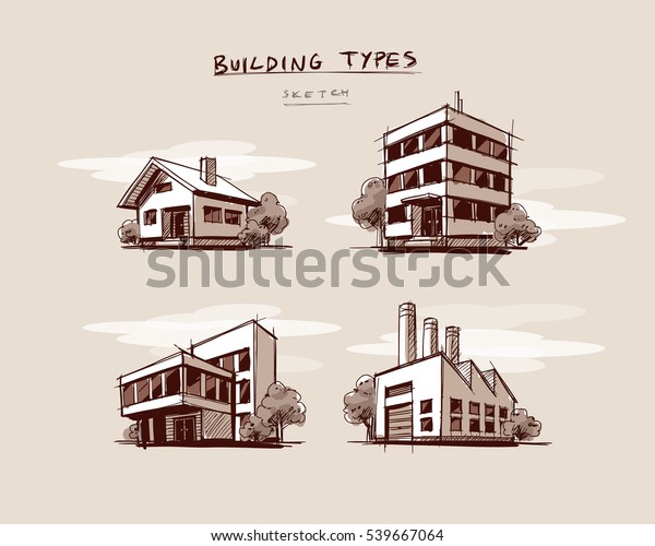 Four Vector Buildings Sketch Drawings Perspective Stock Vector (Royalty ...