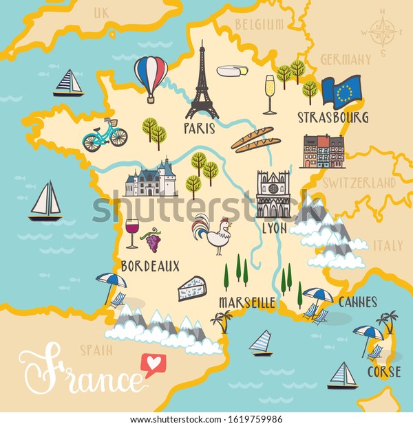 France Hand Drawn Illustration Map Landmarks Stock Vector (Royalty Free ...