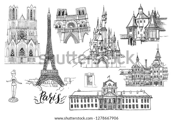 France. Paris. Vector sketch town. Hand drawn public and religious ...