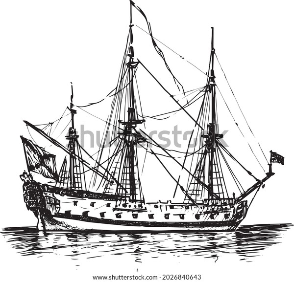 Freehand Drawing Ancient Sailing Ship Sea Stock Vector (Royalty Free ...