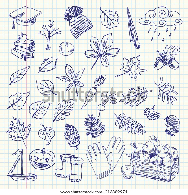 Freehand Drawing Autumn Items On Sheet Stock Vector (Royalty Free ...