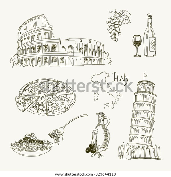 Freehand drawing Italy items on a sheet of exercise book. Leaning Tower ...