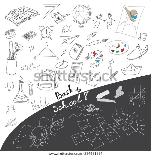 Freehand Drawing School Items On Sheet Stock Vector (Royalty Free ...
