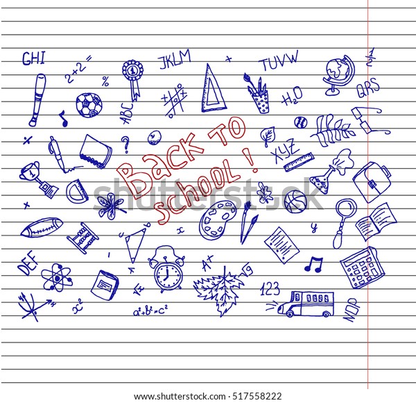Freehand Drawing School Items On Sheet Stock Vector (Royalty Free ...