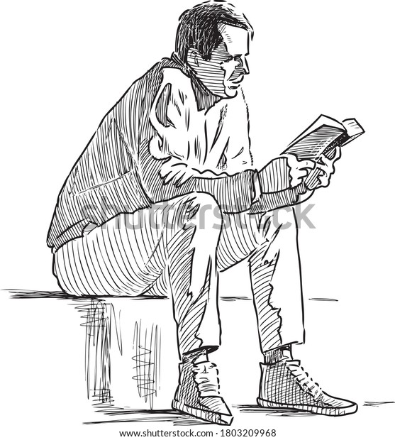 Freehand Drawing Townsman Sitting Reading Book Stock Vector (Royalty ...