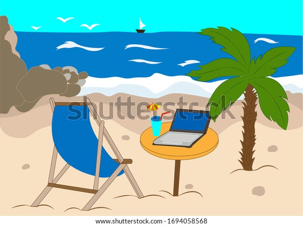 Freelance Laptop Computer On Beach Near Stock Vector (Royalty Free ...