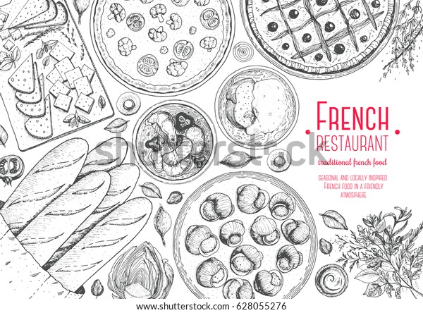 French cuisine top view frame. A set of classic French dishes with ...