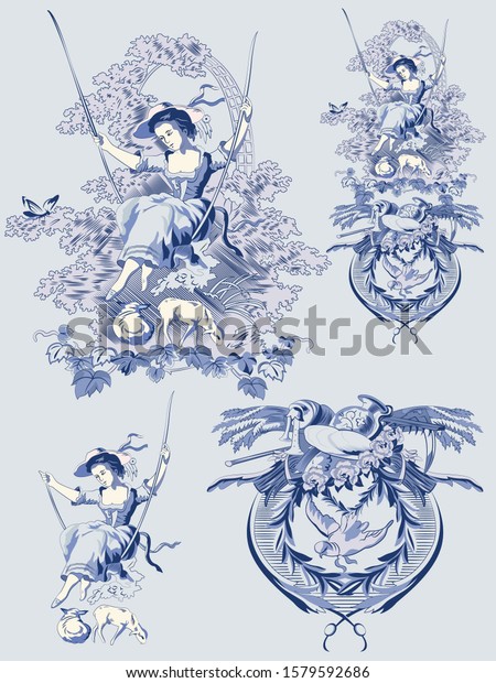 French Toile Prints Lady Vector : image vectorielle de stock (libre de ...