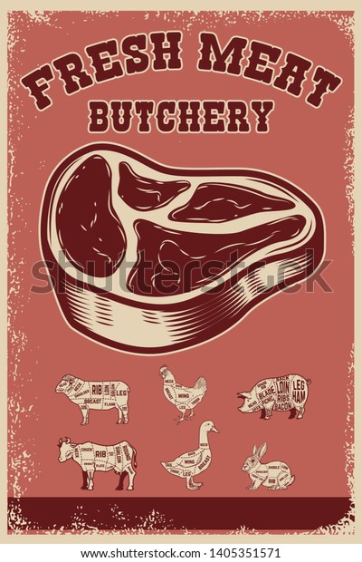 Fresh Meat Poster Template Meat Cut Stock Vector (Royalty Free ...