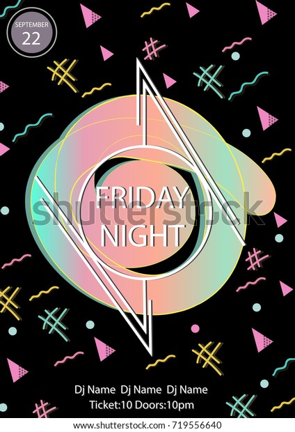 Friday Night party poster template with geometric colorful objects ...