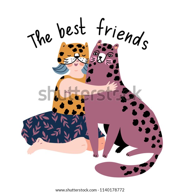 Friendly Poster Design Leopard Girl Hugs Stock Vector (Royalty Free ...