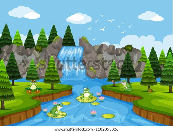 Frogs Waterfall Scene Illustration Stock Vector (Royalty Free) 1182053326