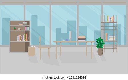 Vektor Stok Front View Office Interior Workspace Table (Tanpa Royalti ...