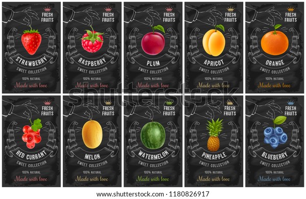 Vetor stock de Fruit Berries Labels Set Realistic Fruits (livre de ...