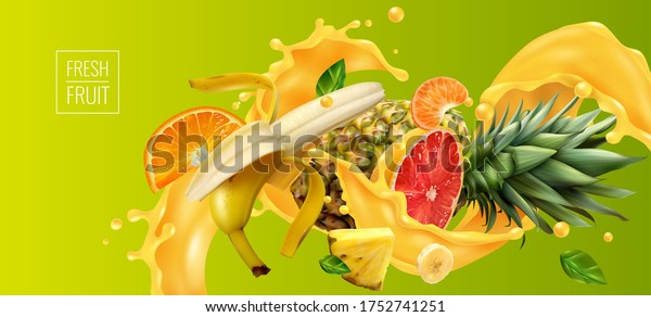 Fruit burst background. Splash of juice. Sweet tropical fruits and ...