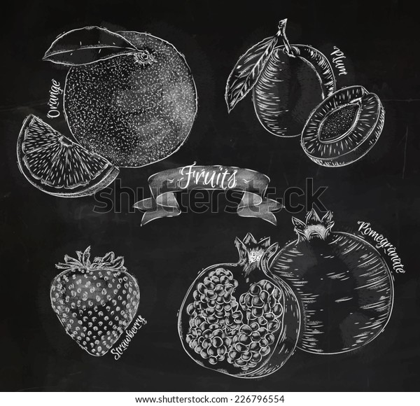 Fruit Drawn Chalk On Blackboard Set Stock Vector (Royalty Free) 226796554