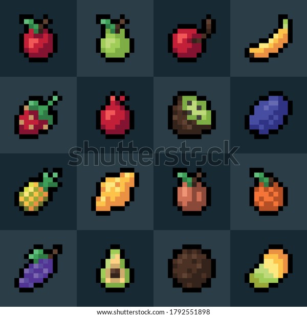 Fruits pixel art icons set. isolated vector illustration of mobile game ...