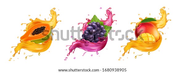 Fruits Splash Juice Mango Grapes Papaya Stock Vector (Royalty Free ...