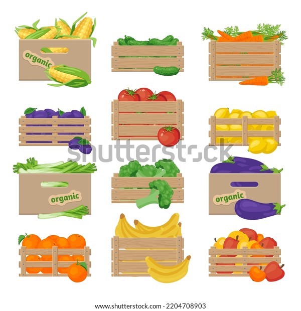 Fruits Vegetable Wooden Box Vector Illustrations Stock Vector (Royalty ...