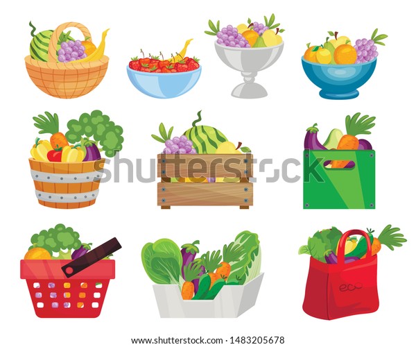Fruits and vegetables in containers flat vector illustrations set ...