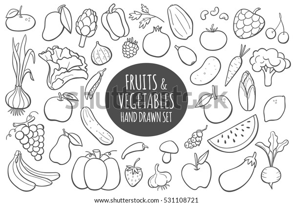 Fruits Vegetables Doodle Set Hand Drawn Stock Vector (Royalty Free ...