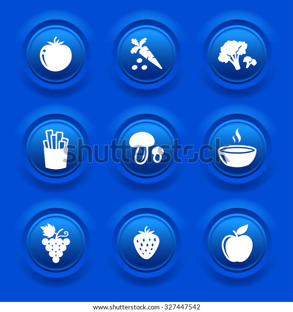 Fruits Vegetables On Blue Bevel Buttons Stock Vector (Royalty Free ...