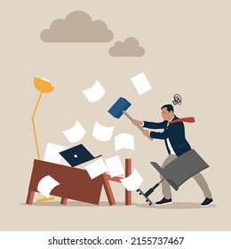 Frustrated Businessman Hitting Break Computer Hammer Stock Vector ...