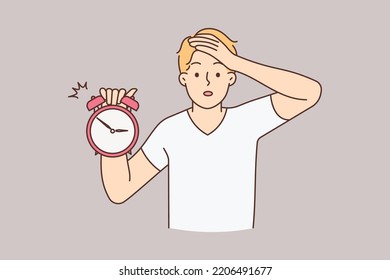 Frustrated Young Man Hold Clock Show Stock Vector (Royalty Free ...