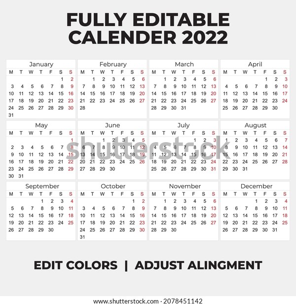 Fully Editable Calendar 2022 Year: เวกเตอร์สต็อก (ปลอดค่าลิขสิทธิ์ ...