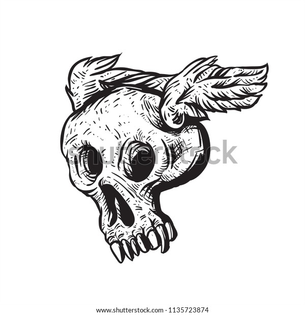 Fun Flying Skull Wings Drawing Illustration Stock Vector (Royalty Free ...
