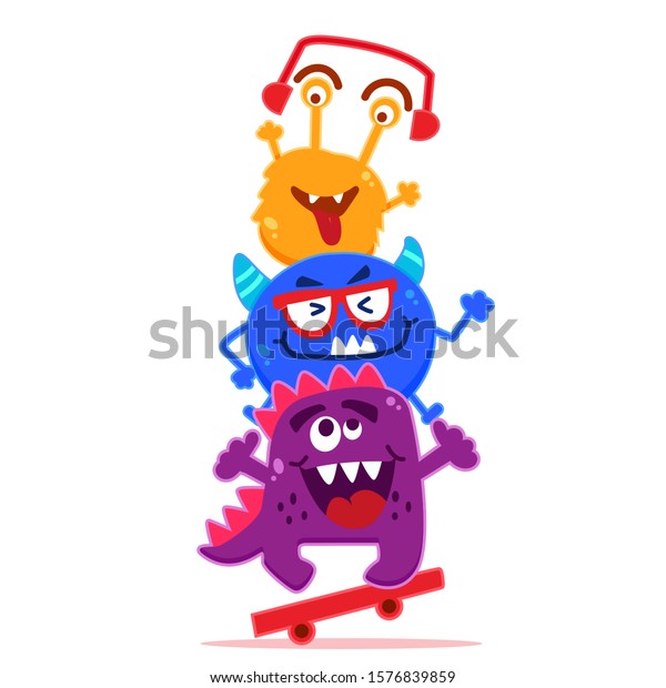 Fun Monster Friends On Skateboard Cartoon Stock Vector (Royalty Free ...