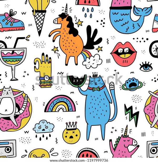 Fun Seamless Pattern Illustration Cartoon Style Stock Vector (Royalty ...