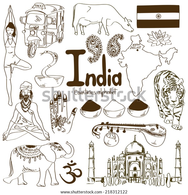 Fun Sketch Collection Indian Icons Countries: Stock-Vektorgrafik ...
