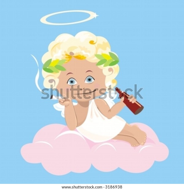 Funny Angel Smoking Drinking On Cloud Stock Vector (Royalty Free) 3186938